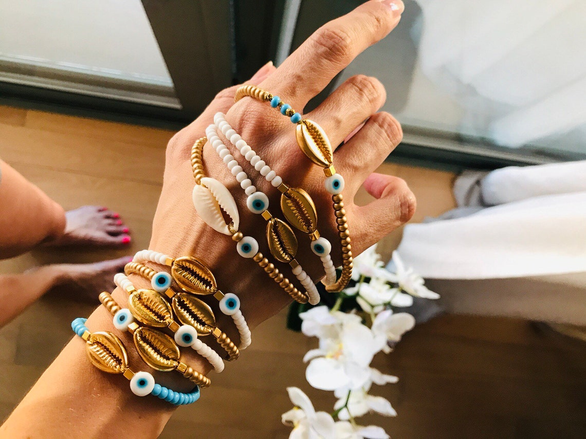 Beaded Bracelets ,handmade Cowrie Evil Eye Bracelet - Etsy