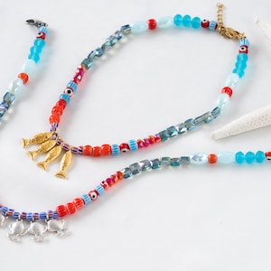 Greek Blue Beaded Necklace With Large Glass Eye,red and Light Blue,gift ...