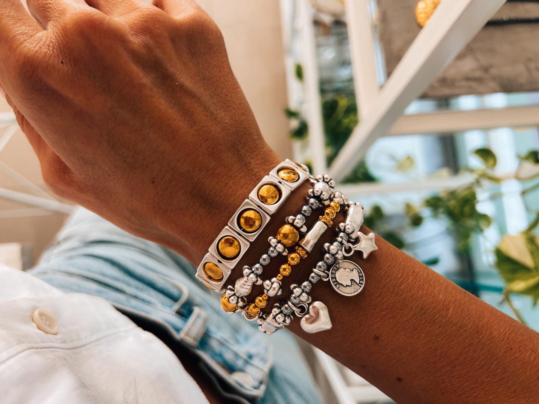 Silver & Gold Charm Bracelet | Stackable Beaded Layering Bracelets - Etsy