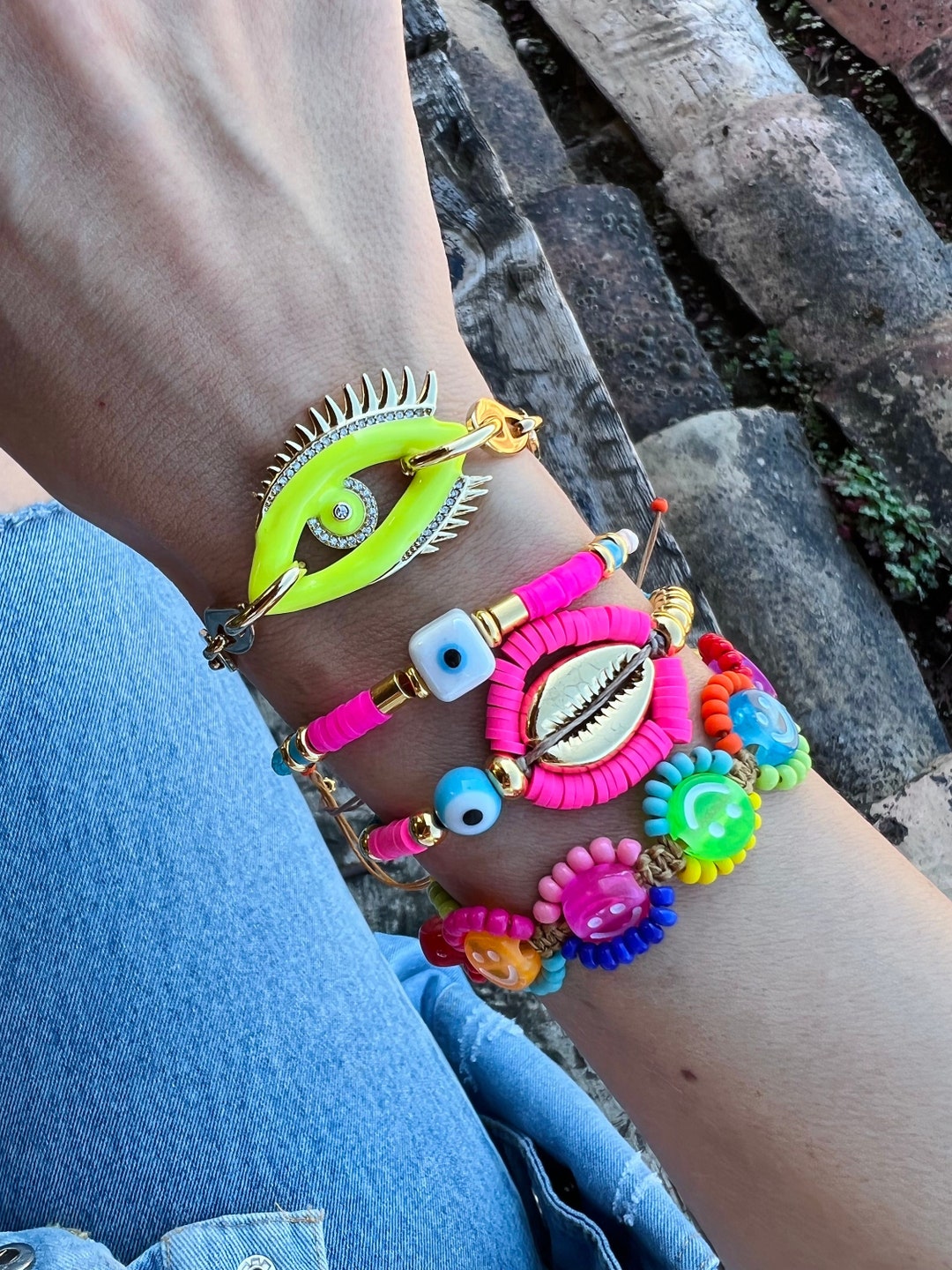 Stacked Colorful Bracelets, Gold Cowrie Bracelets,beaded Summer ...