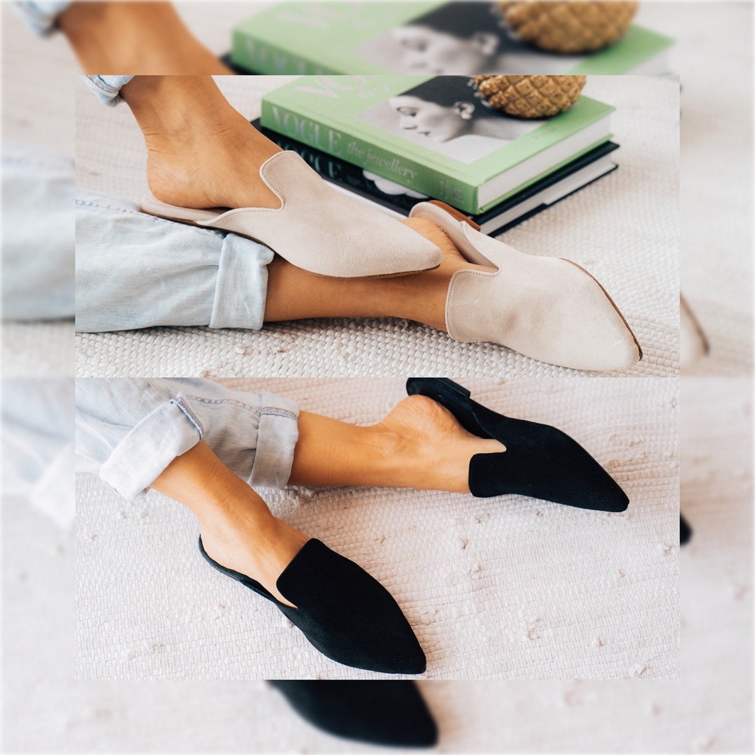 Suede Mules in Black and Beige, Women's Mules, Soft Mules, Women's ...