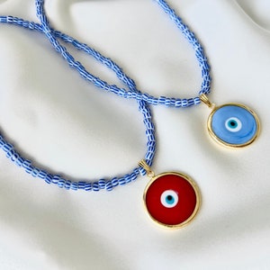 Greek Blue Beaded Evil Eye Necklace, Boho Charm - Etsy