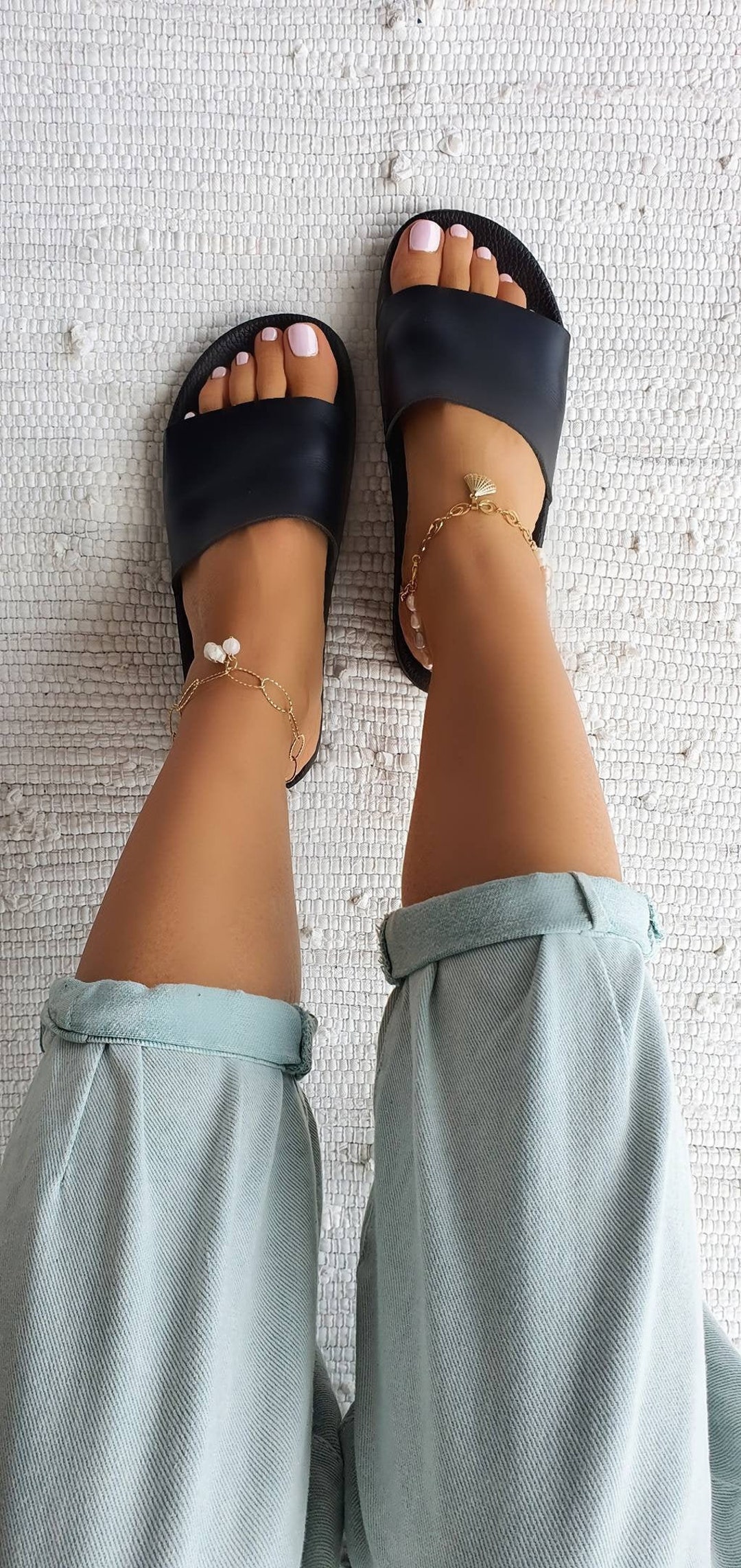 Black Platform Sliders, Black Pool Slides, Flat Leather Slipper Sandals ...