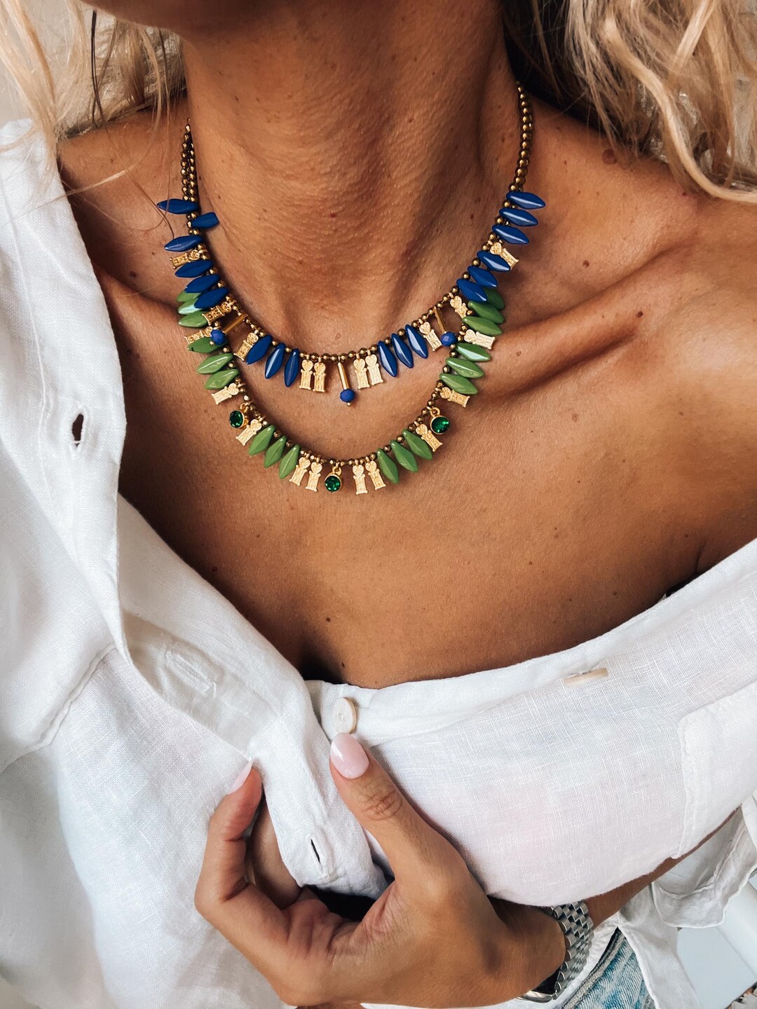Gold Blue and Green Layering Beam Necklaces, Statement Necklace ...