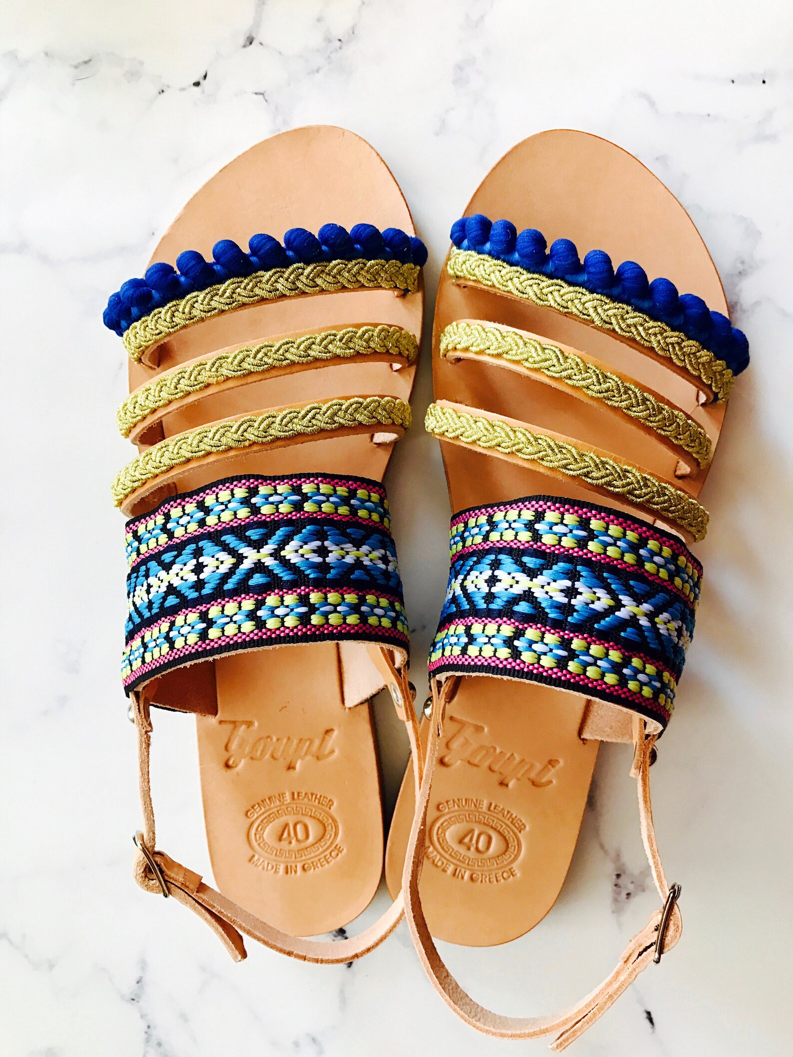 Greek Real Leather Handmade Boho Sandalspompomsandalsethnic - Etsy