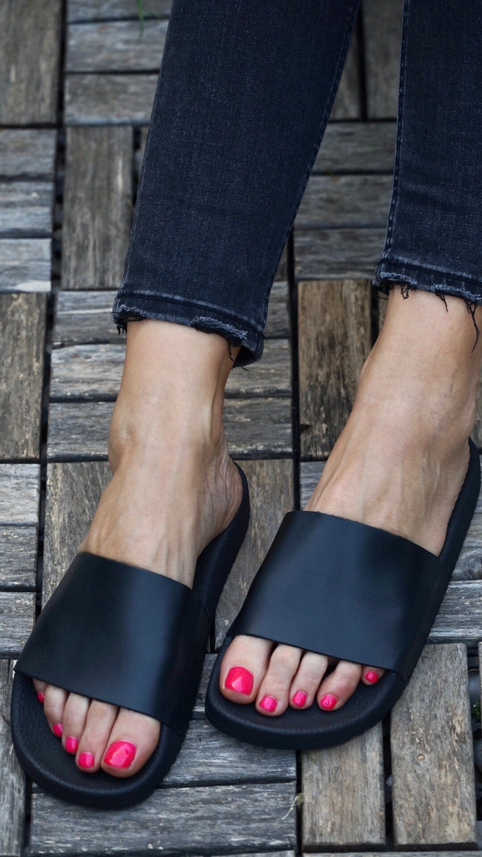 Black Platform Sliders Black Pool Slides Flat Leather - Etsy