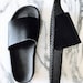 Black Platform Sliders, Black Pool Slides, Flat Leather Slipper Sandals ...
