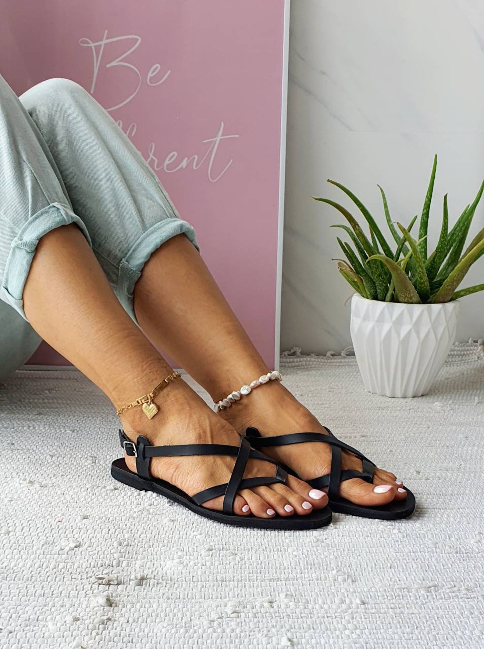 X Strap Sandalsblack Sandalsblack Leather Sandalsgreek - Etsy