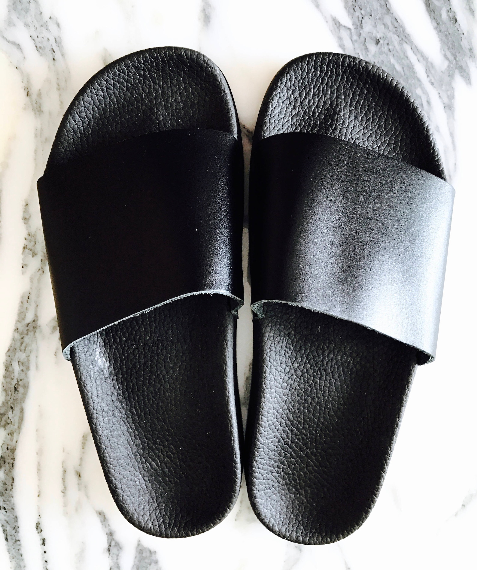 Black Platform Sliders Black Pool Slides Flat Leather - Etsy