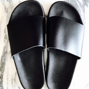 Black Platform Sliders, Black Pool Slides, Flat Leather Slipper Sandals ...