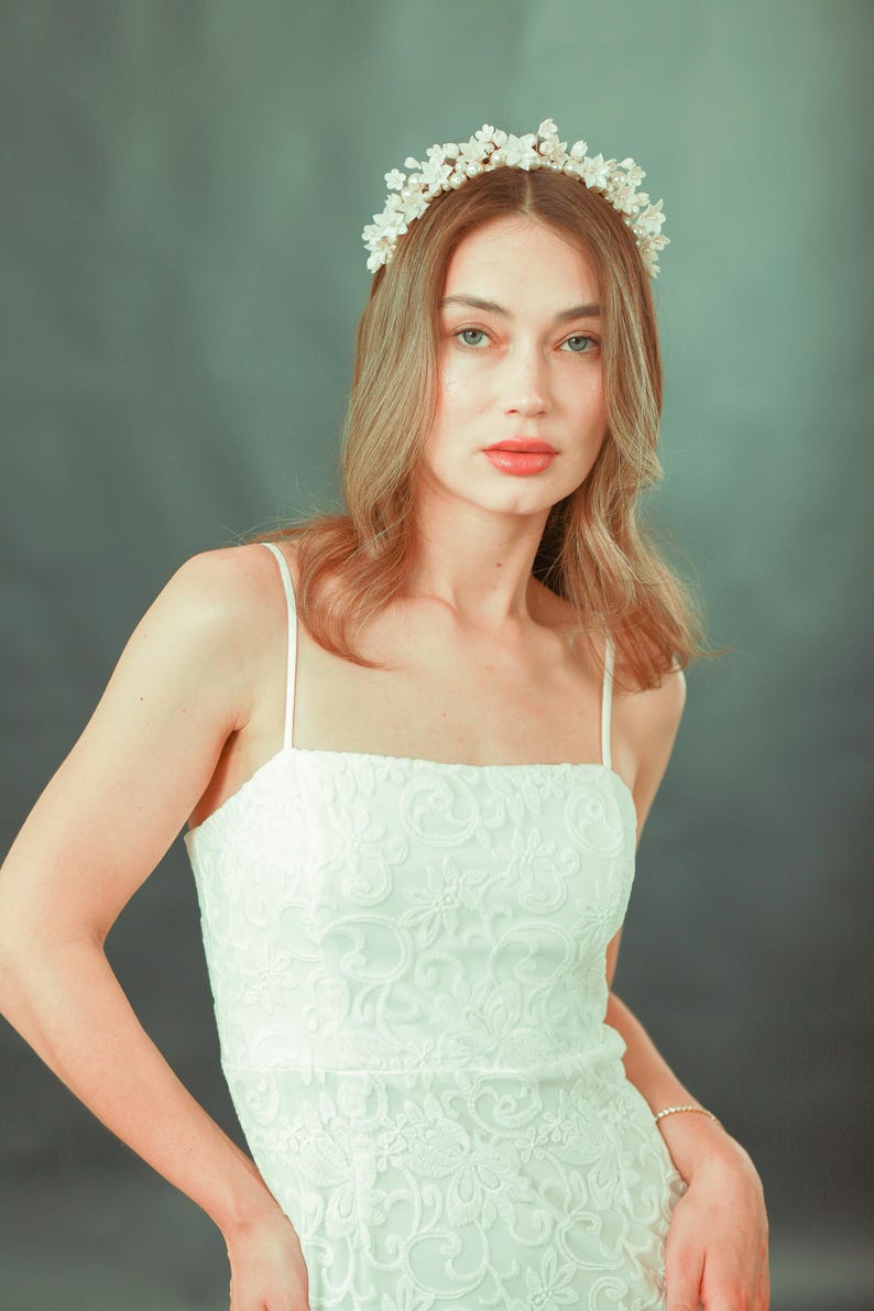 White Flower Crown Clay Flowers Tiara Bridal Floral Crown Clay Bridal ...