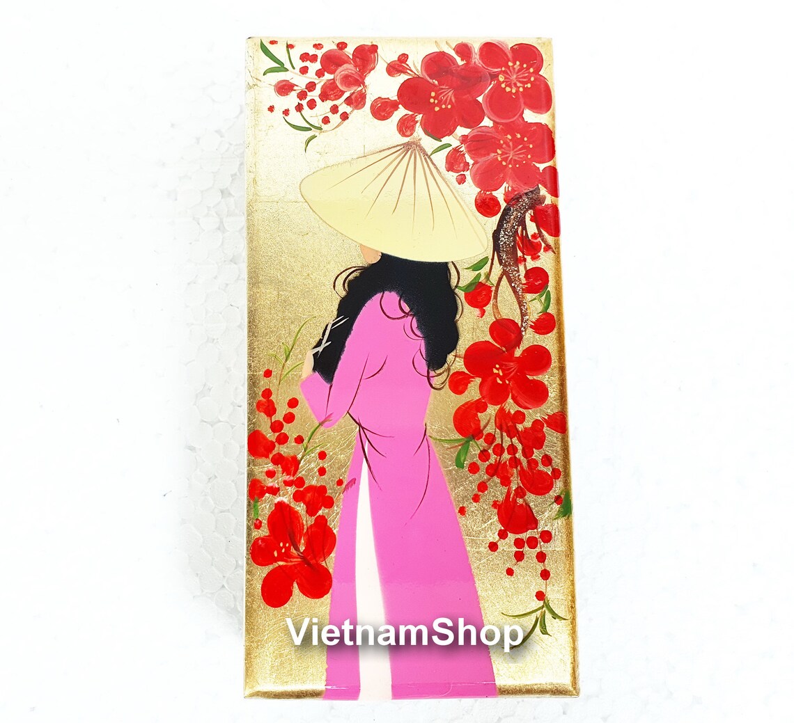 Vietnamese Blue Lacquer Jewelry Box With Vietnamese Girls Wear Ao Dai ...