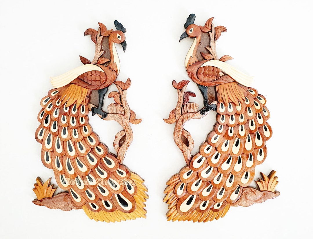 Hand Crafted 3 Dimensional Intarsia Wood Art Intarsia Couple Peacock ...