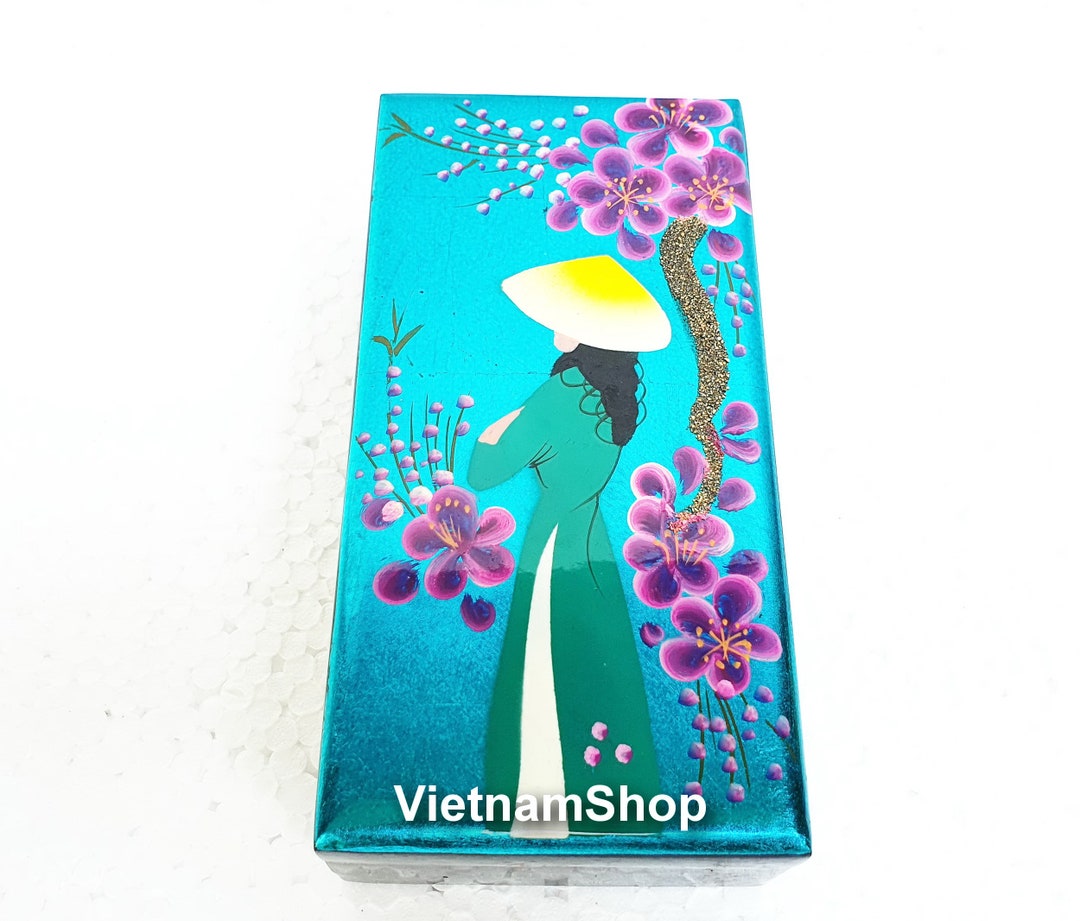 Lacquer Box With Vietnamese Girls Wear Ao Dai and Cherry Blossom ...