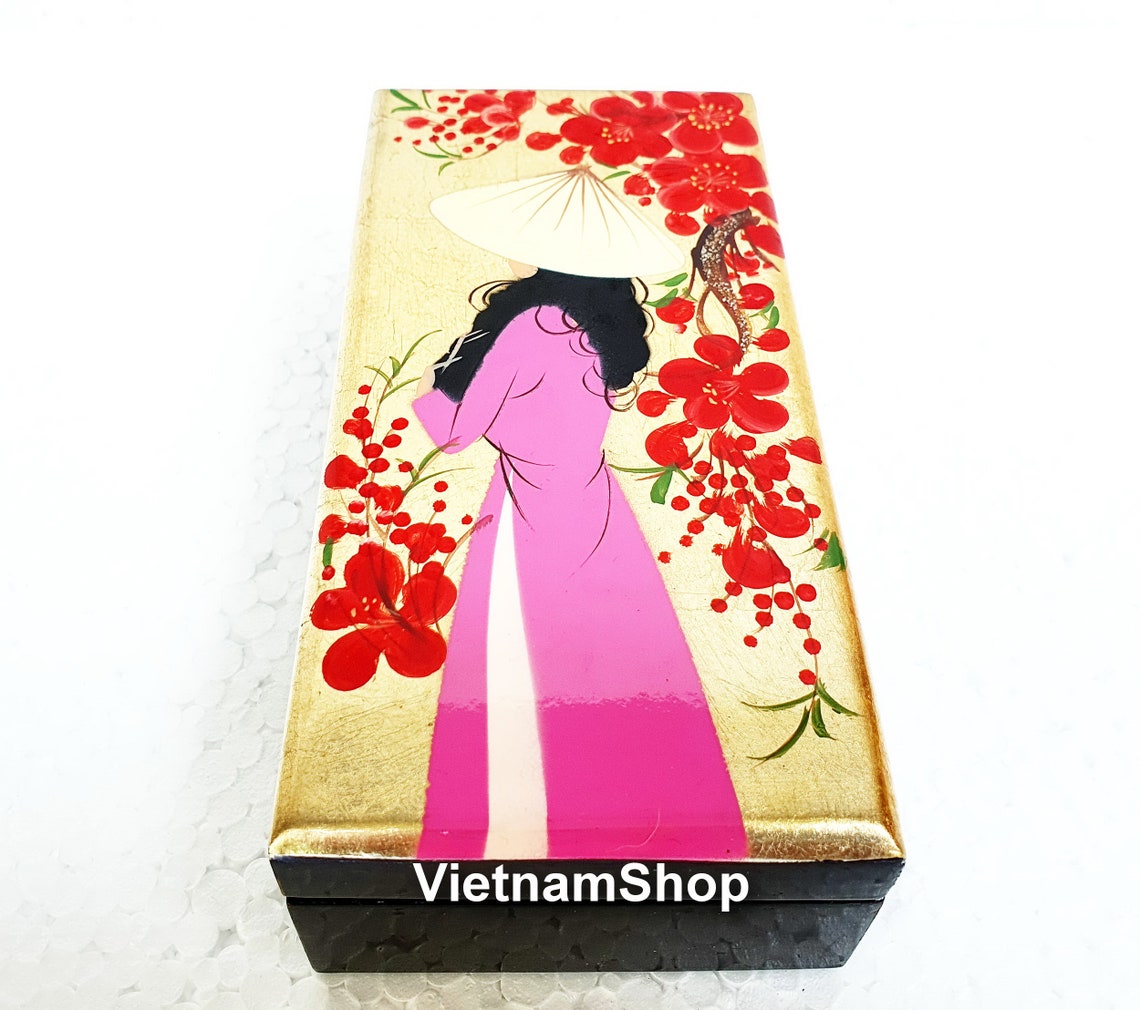 Vietnamese Blue Lacquer Jewelry Box With Vietnamese Girls Wear Ao Dai ...