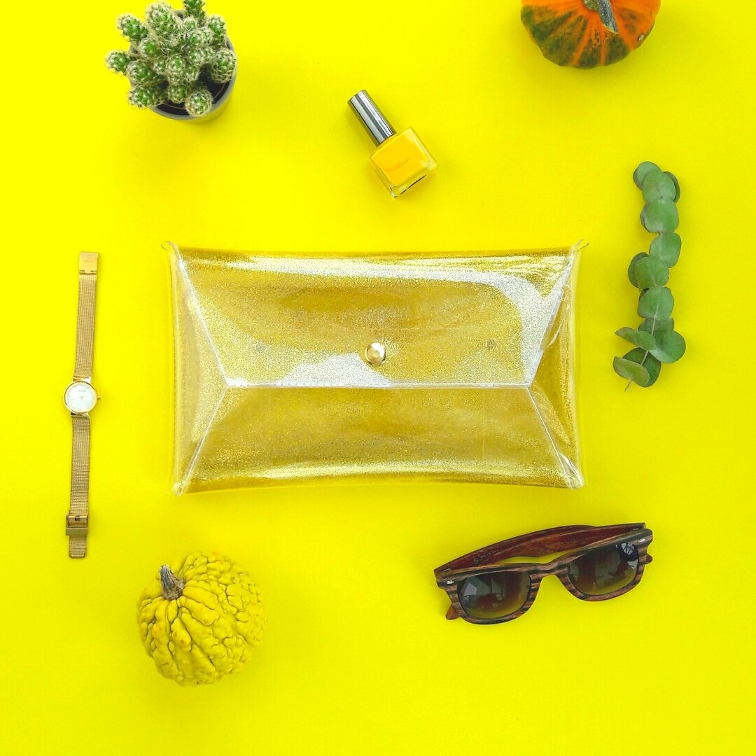 Clear Gold Glitter Clutch, Transparent Envelope Purse, Golden Sparkle ...
