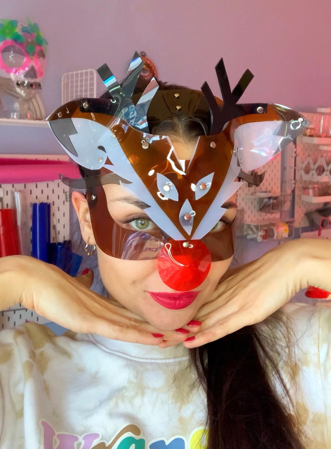 Reindeer Mask Big Red Nose Christmas Cosplay Rave Party Kawaii Cyber ...