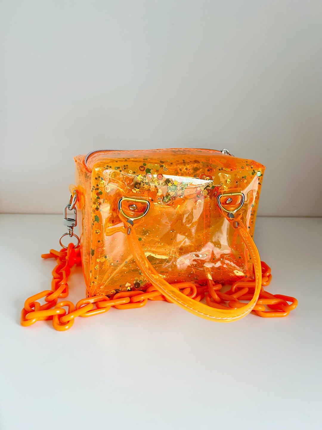 Vibrant Orange Boxy Handbag With Glitter & Confetti, Uv-reactive Vinyl ...