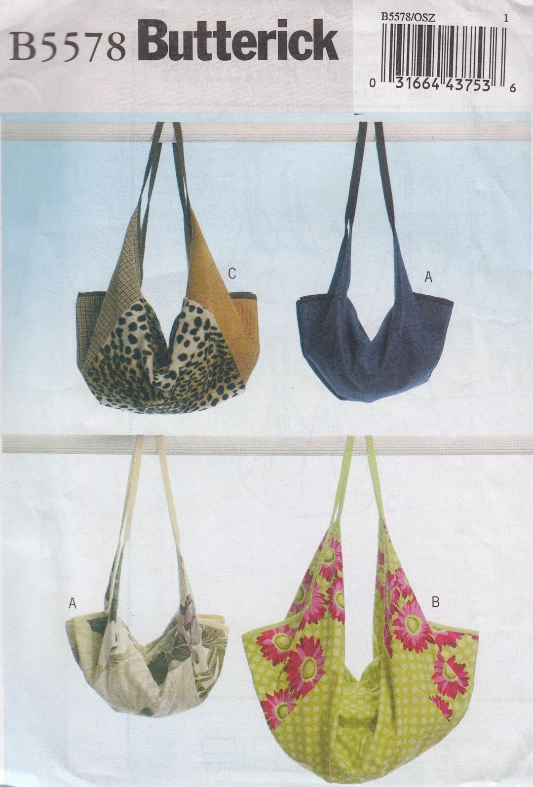Uncut Butterick B5578 Bag Sewing Pattern Womens Tote Bag Sewing Pattern ...
