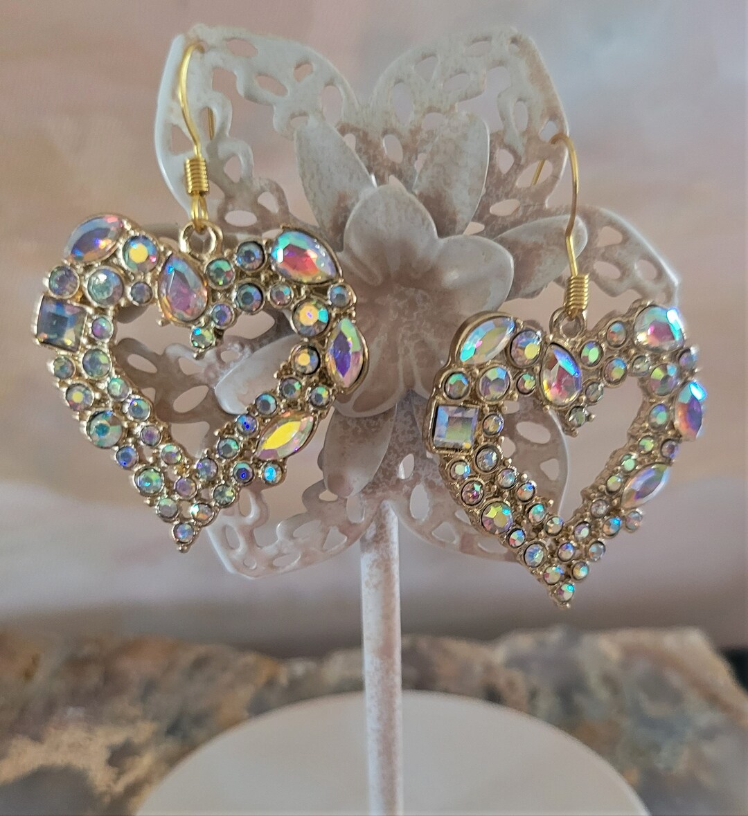 Heart Earrings, Heart Shaped Rhinestone Embedded Gold Tone Charms ...