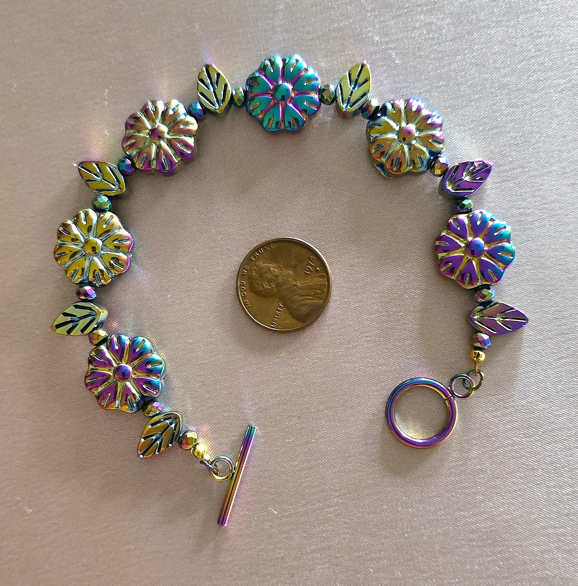 Glass Flower Bead Bracelet, Oil Slick Flower Beads, Glass Beads, Czech ...