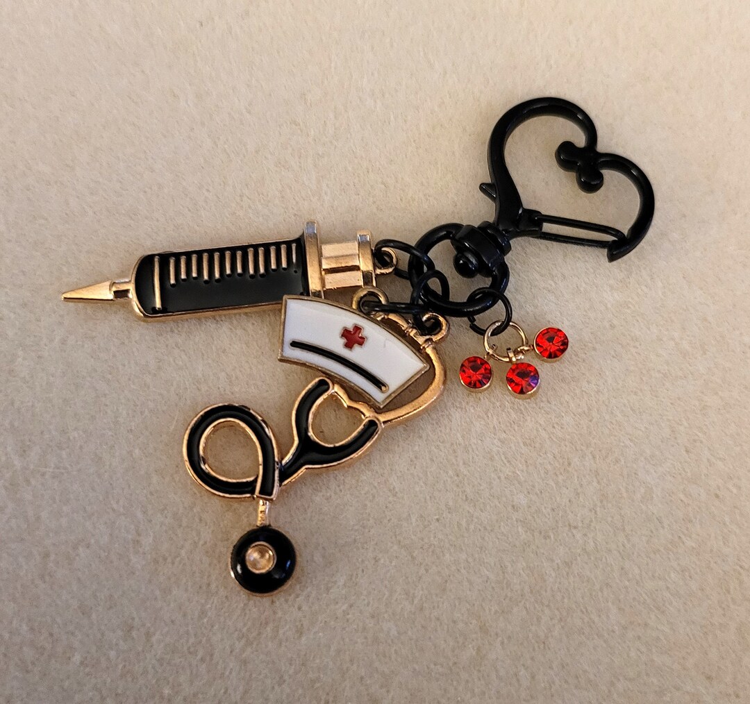 Nurse Charm Keychain: Stethoscope, Syringe, and Red Crystals - Etsy