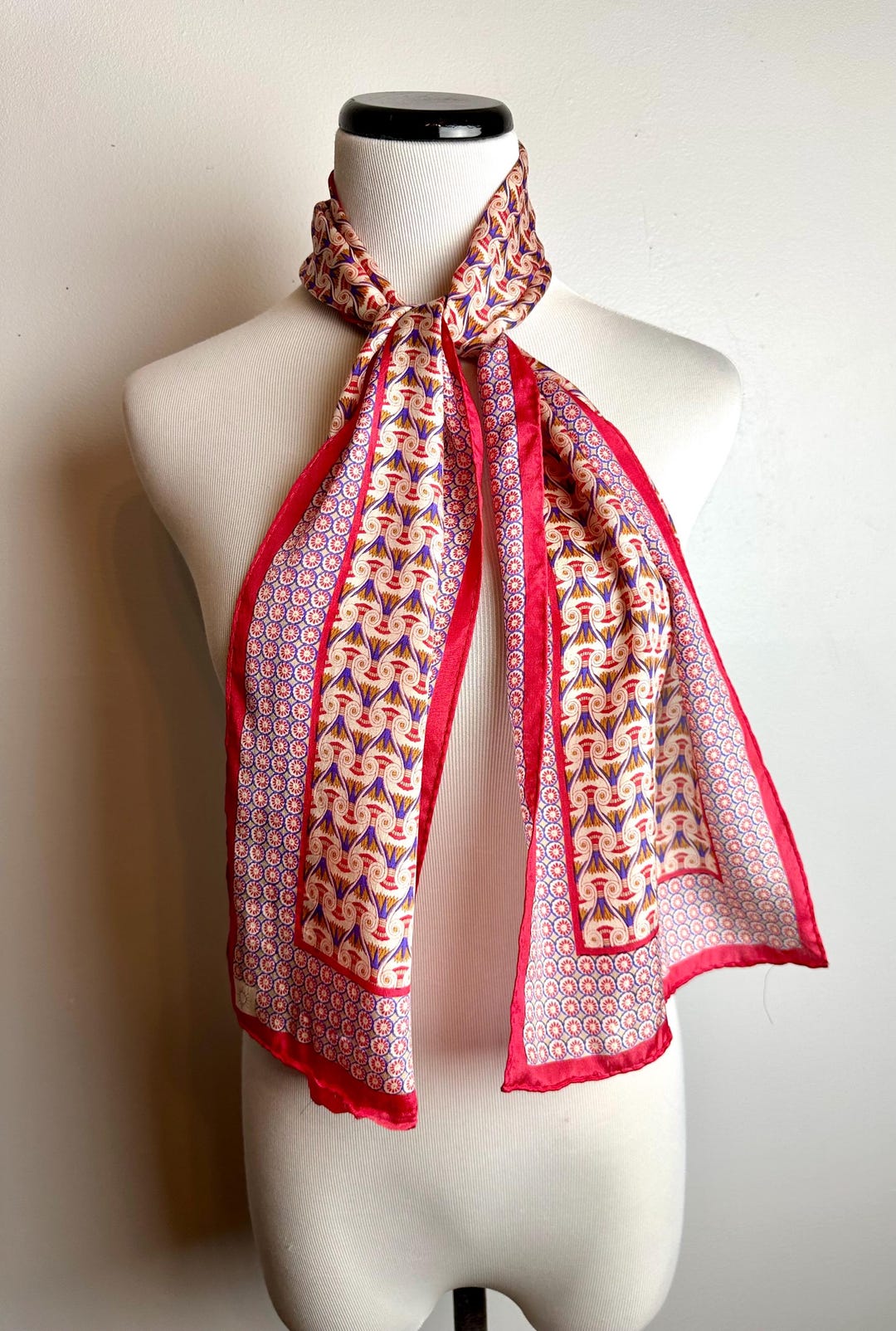 1960’s Silk Scarf~ Long Rectangular Neck Scarves~ Neck Bow Retro Print ...