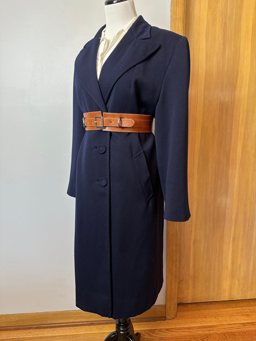 Vintage 1940’s Coat~ Navy Blue Wingtip Collar Topstitching Long Women’s ...
