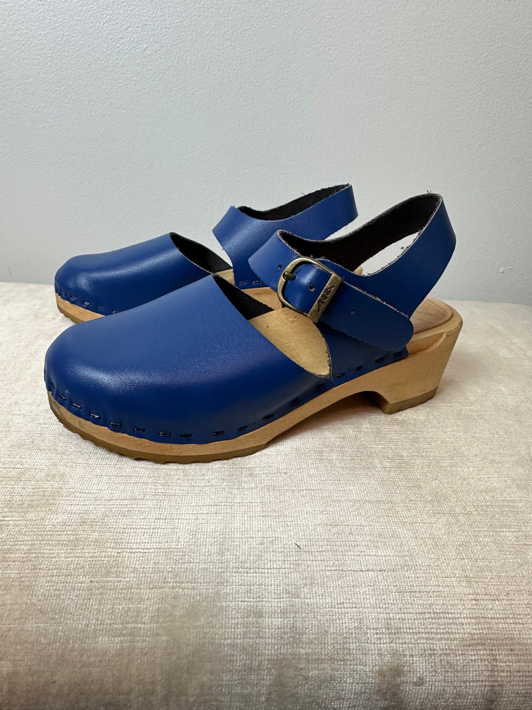 Bright Blue Girls Leather Clogs Timeless Wooden Clogs Sandals Buckle ...