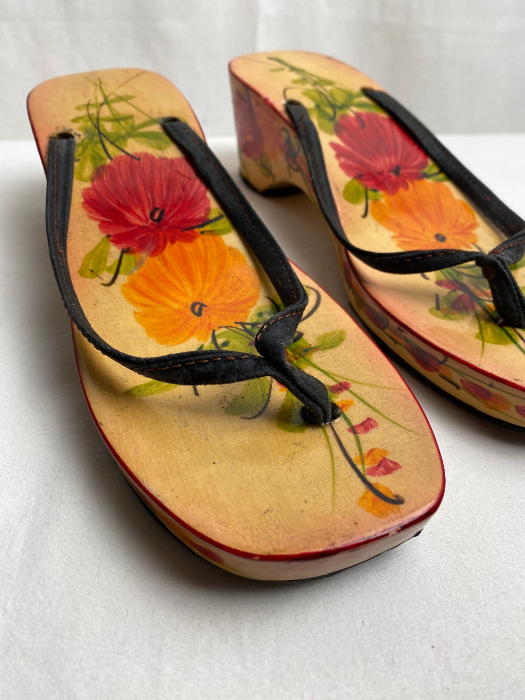 Vintage Hand Painted Wooden Sandal~ Clogs Heeled Sandals T Strap Floral ...