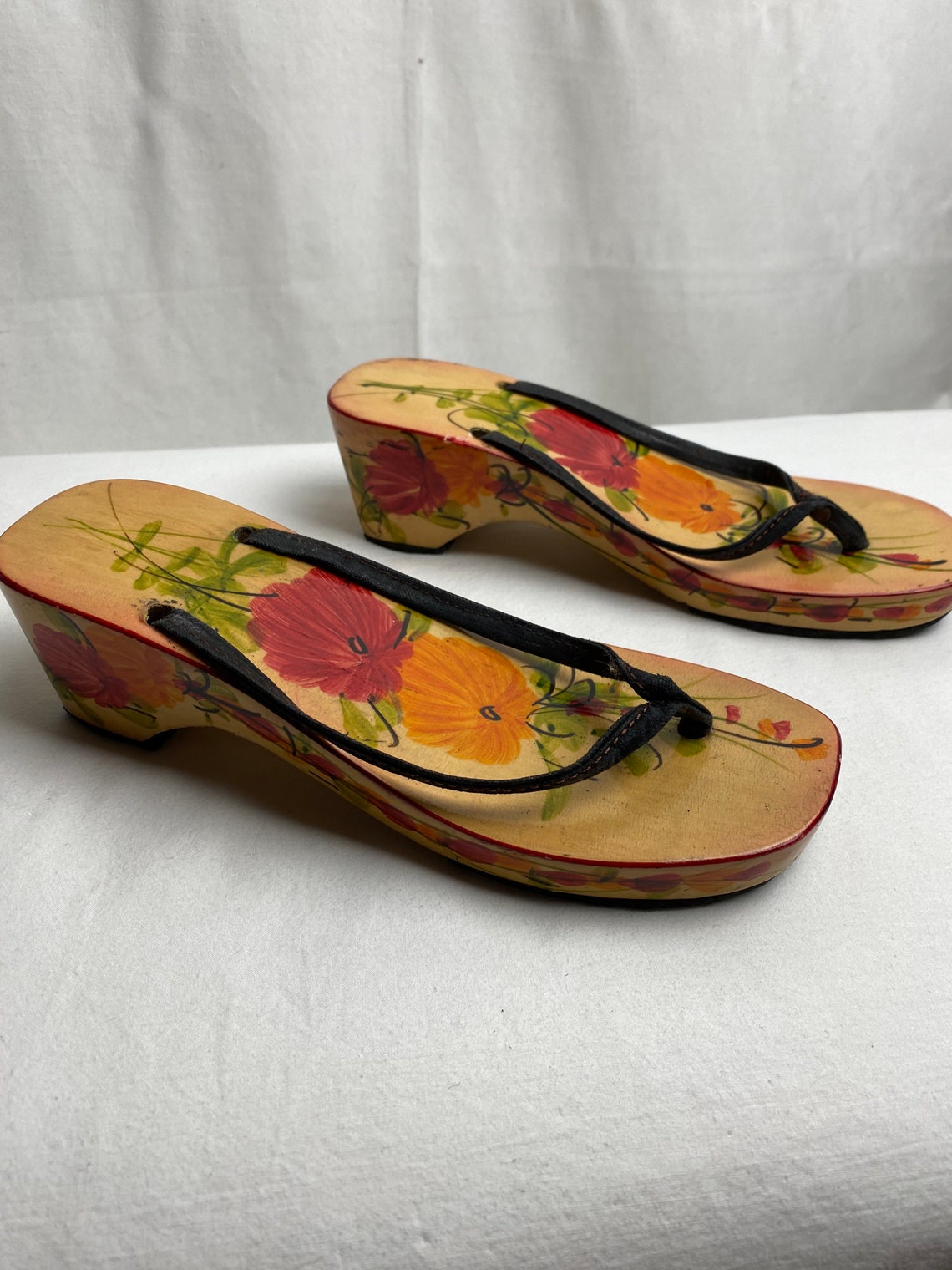Vintage Hand Painted Wooden Sandal Clogs Heeled Sandals T - Etsy