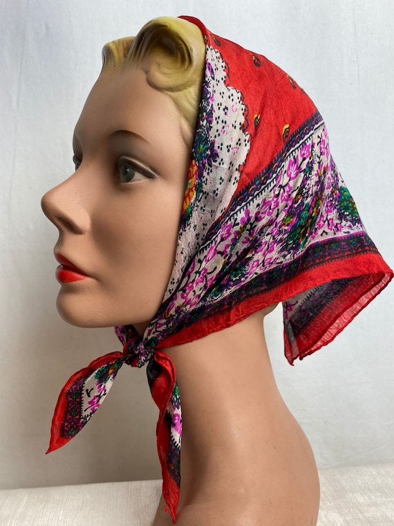 Beautiful Silk Scarf 40s 50s Colorful Hand Rolled Floral Square Neck Tie Hair Tie Neckerchief Head Scarf Pinup Style Etsy UK