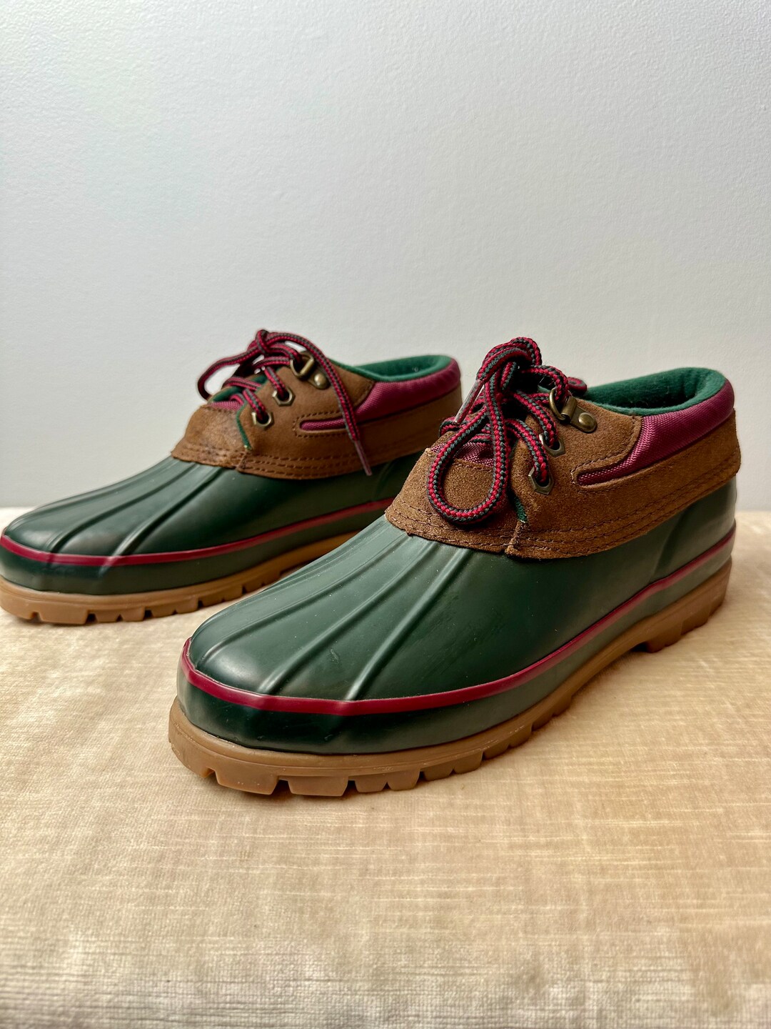 Vintage 90s Rubber Booties Preppy Dark Green & Pink Rain Boot Shoes ...