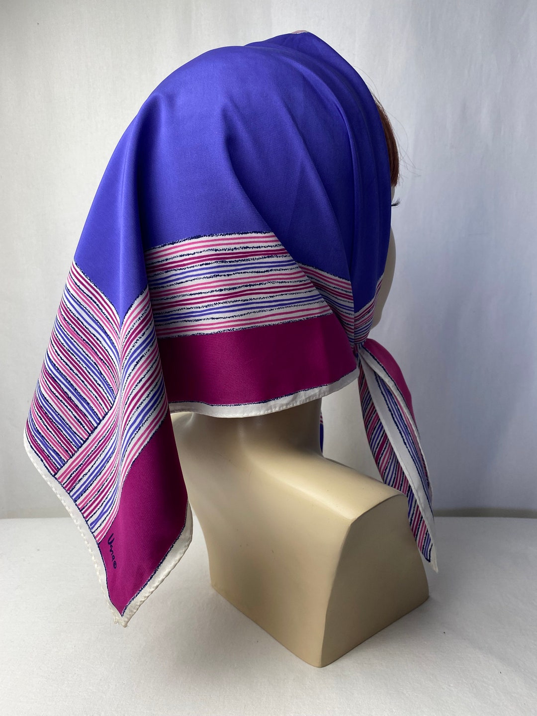 60’s VERA Scarf Pink & Purple Color Block Striped X LG Square Head ...