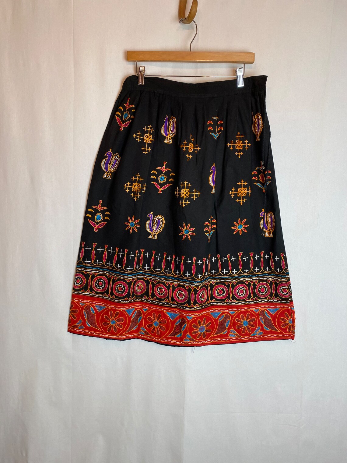 Vintage Peasant Skirt~ Hand Embroidered Birds Design Black 100% Cotton ...