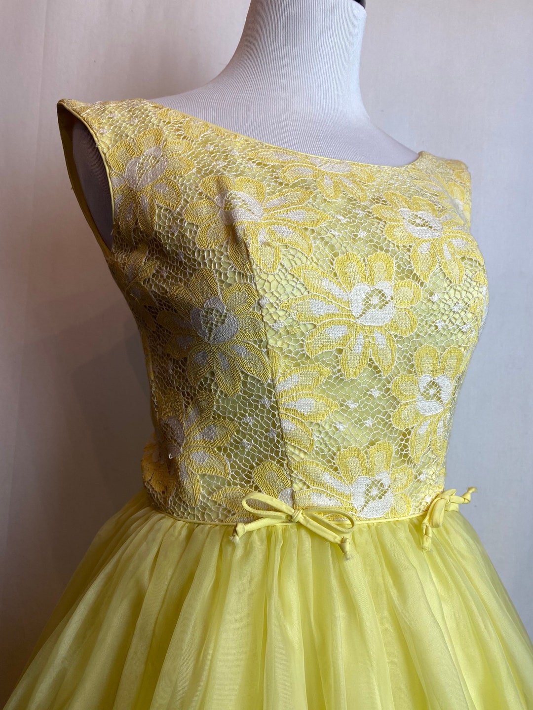 60s Lacy Lemon Yellow Fit & Flare Chiffon Spring Party Dress Sweet ...