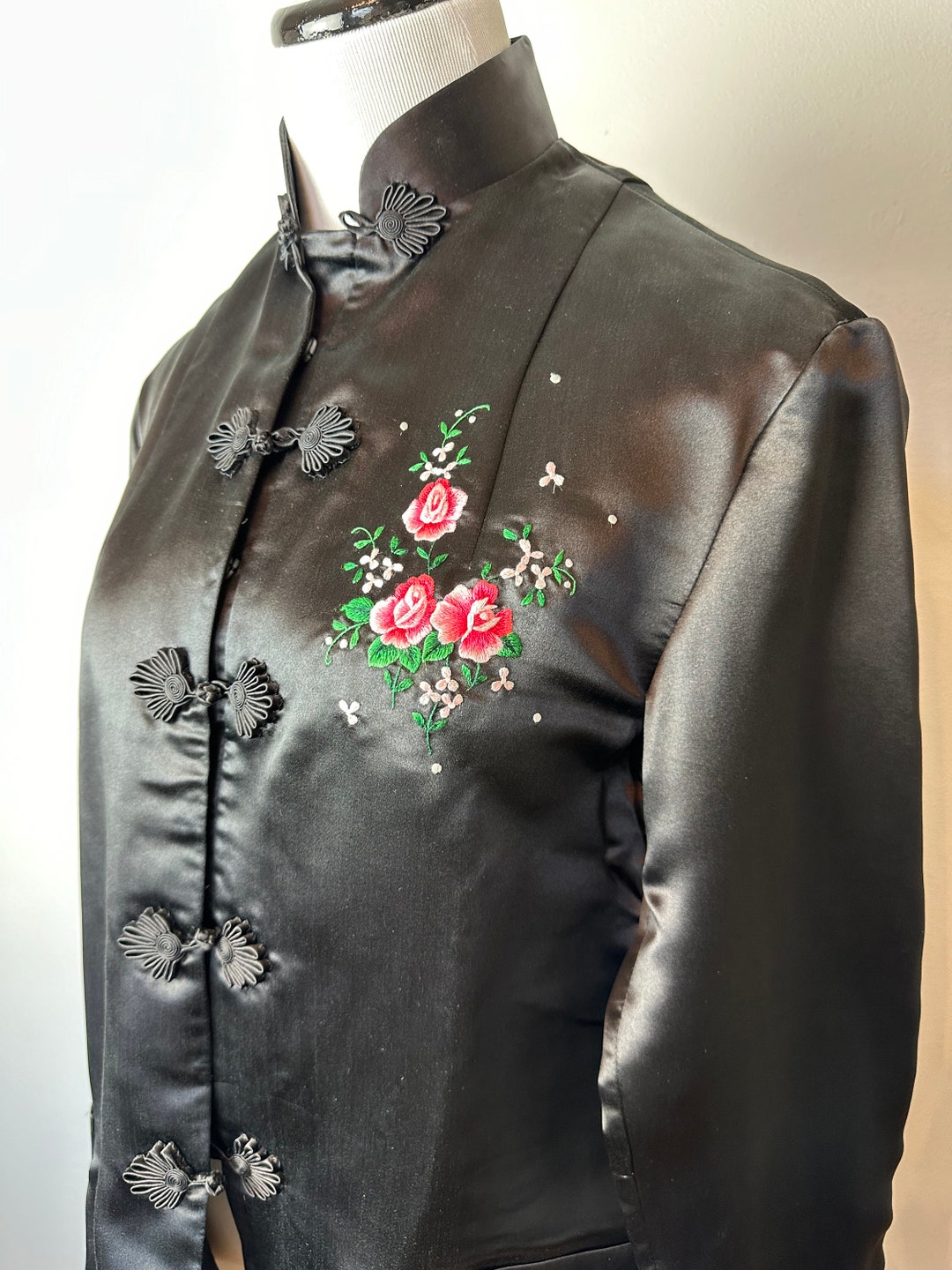 Vintage Chinese Cheongsam Jacket Black With Hand Embroidered Pink ...