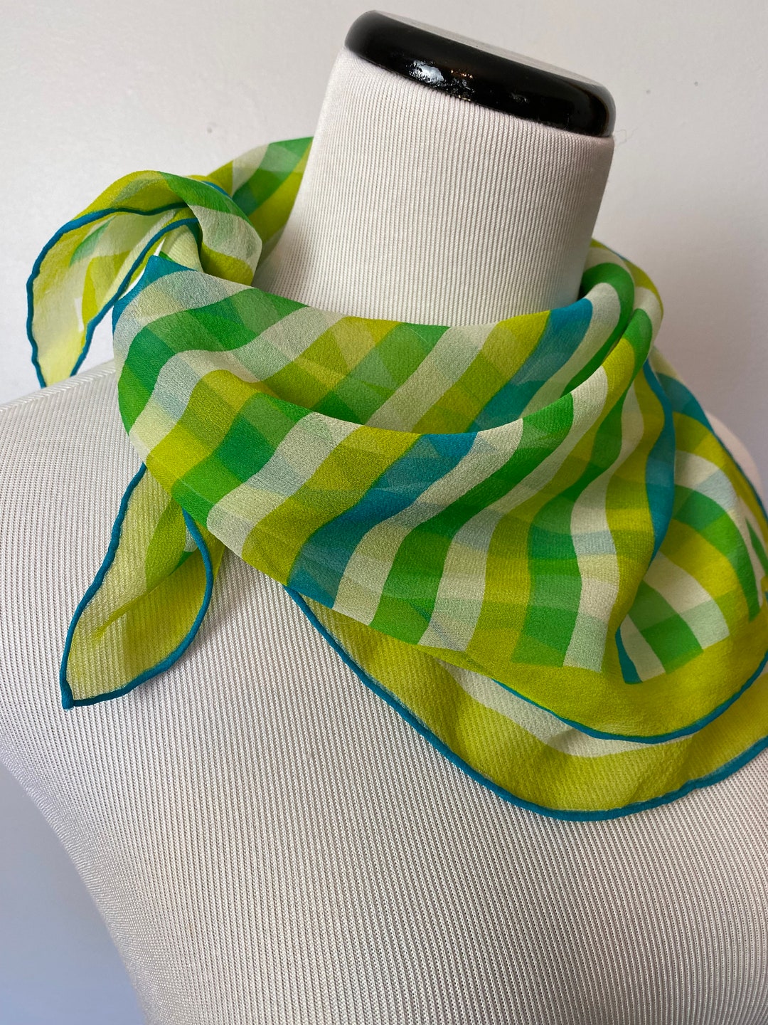 Vera Scarf 1960s Green Striped 100% Silk Crepe Textured Neckerchief ...