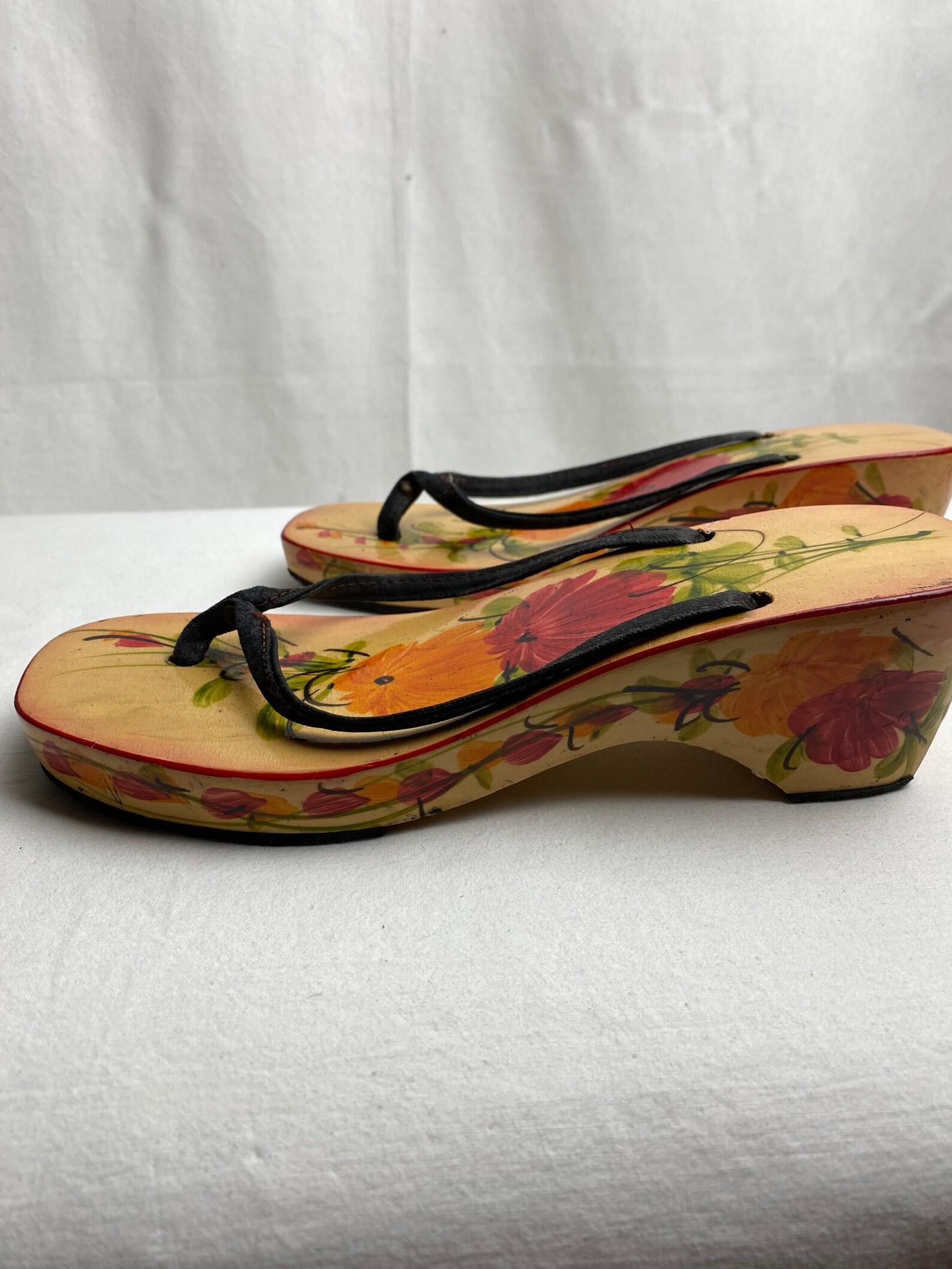 Vintage Hand Painted Wooden Sandal Clogs Heeled Sandals T - Etsy