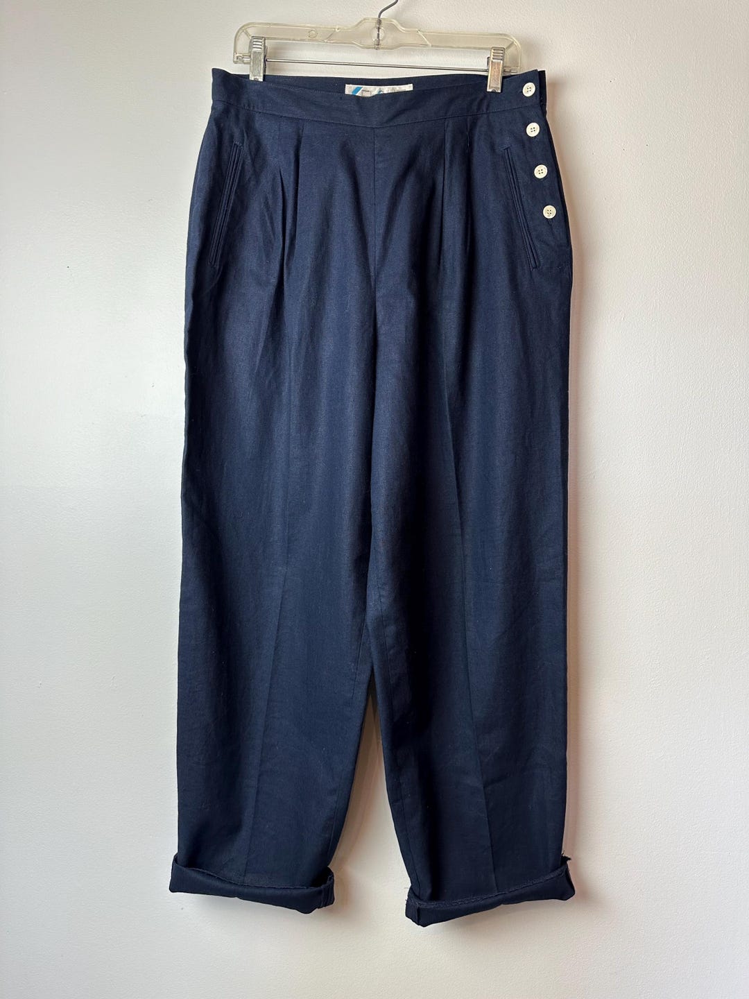 90’s Navy Blue Linen Pants~women’s High Waisted Pleated Trousers ~ Full ...