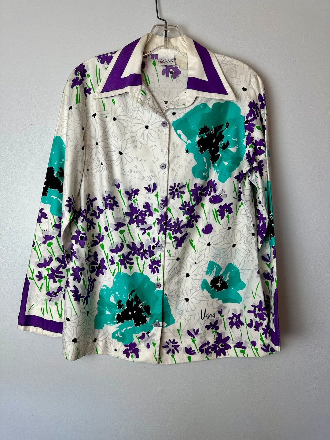 70’s Vera Brand Floral Blouse~ Purple & Teal Blue Flowers ~ Spring Time ...