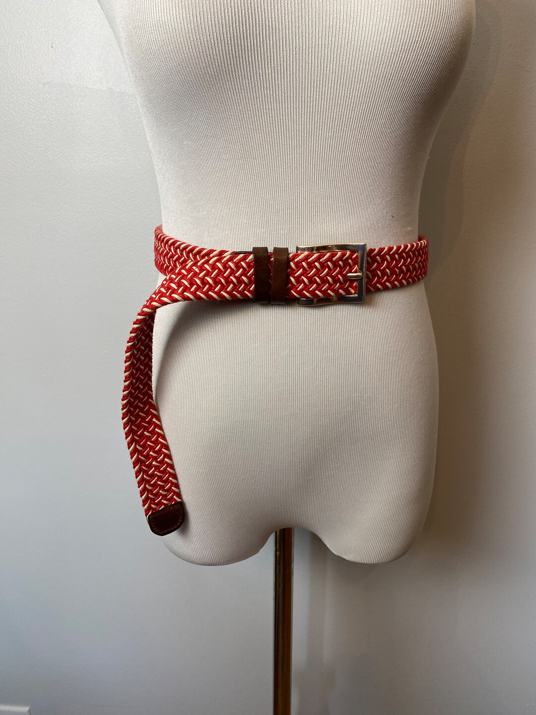 Vtg Red & White Woven Belt With Leather/ Unisex Style Androgynous ...