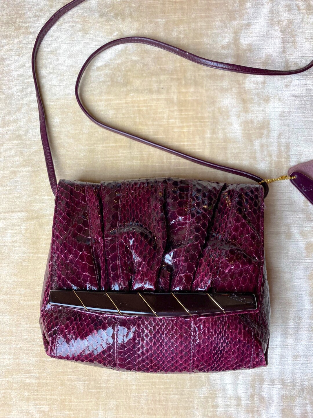 Puffy Snakeskin Purse X Long Strap Glossy Dark Plum Color Small Compact ...