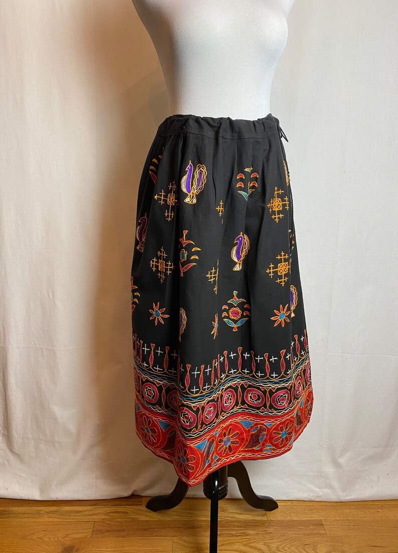 Vintage Peasant Skirt~ Hand Embroidered Birds Design Black 100% Cotton ...