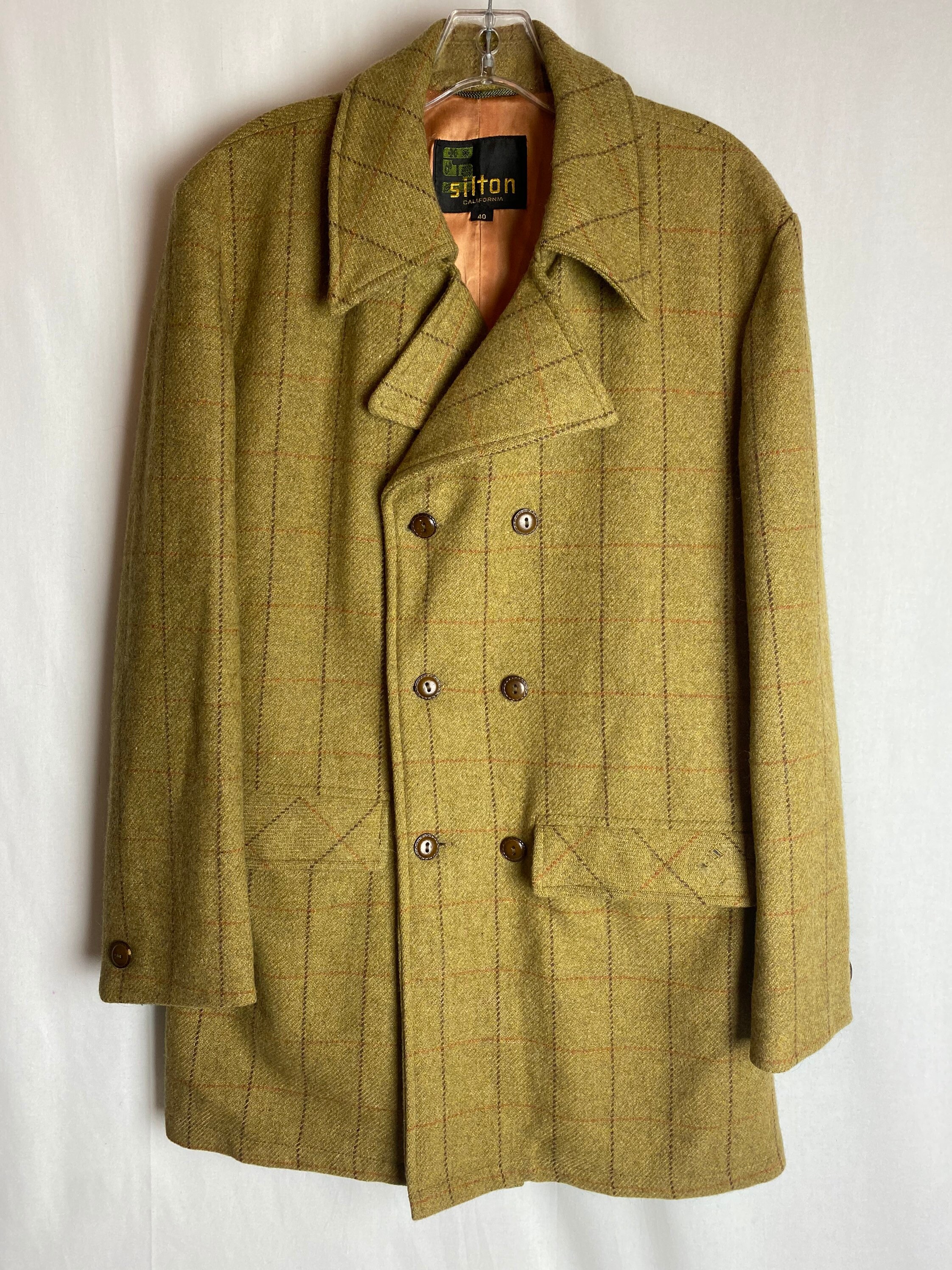 60s 70s Mens Overcoat Dandy Split Pea Green Gold Plaid Wool - Etsy