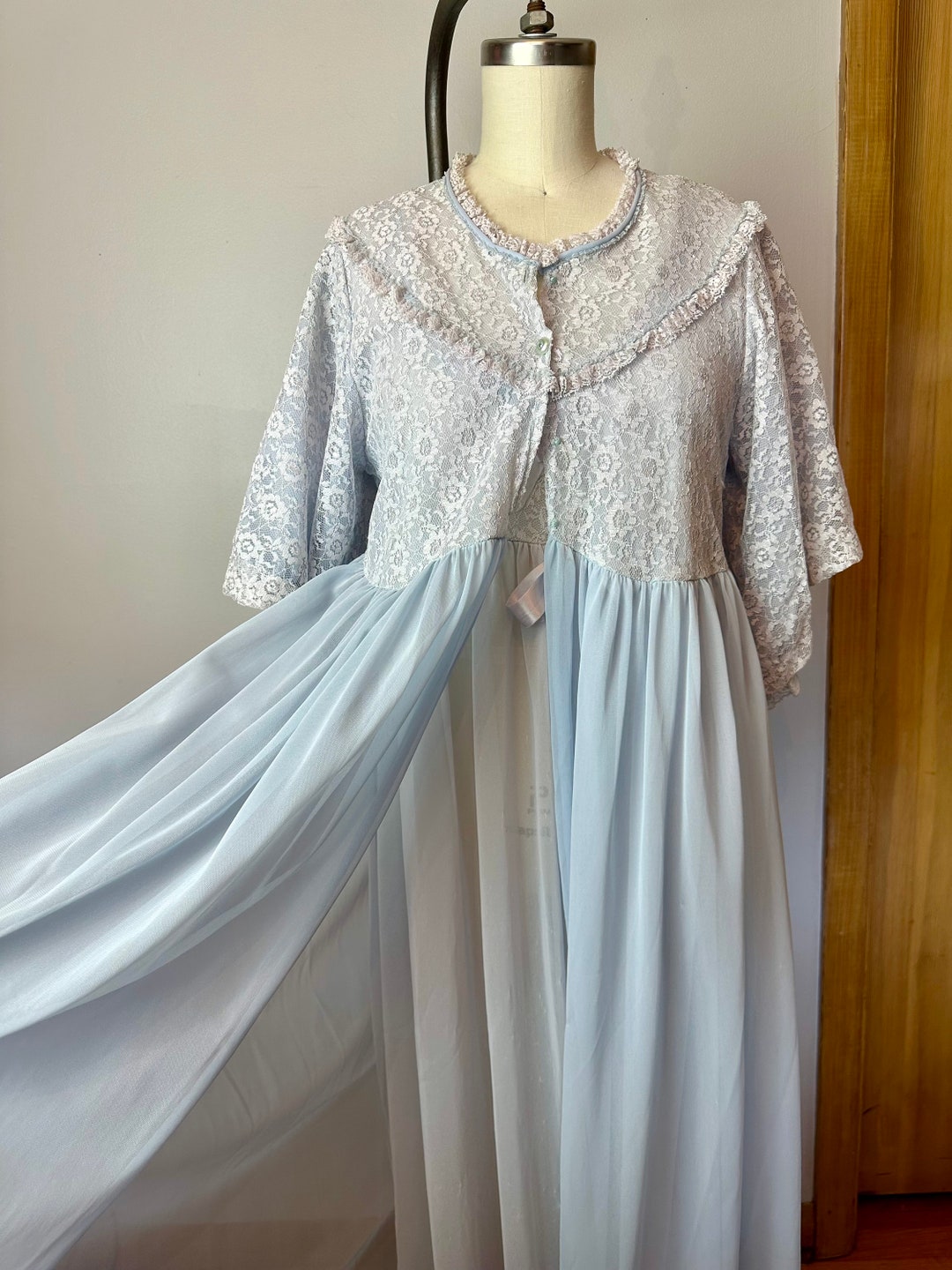 1950’s Baby Blue Lacy Negligee Set~ Full Length Babydoll Nighty and ...