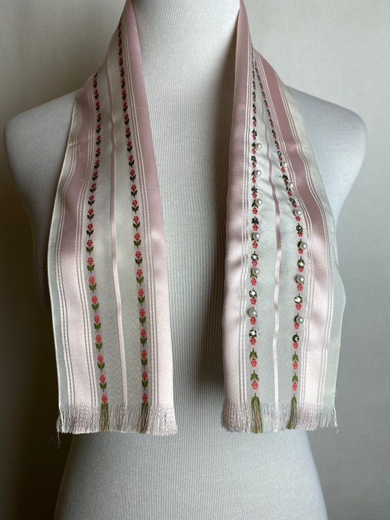 50’s beautiful pink silk satin neckerchief floral & p… - Gem