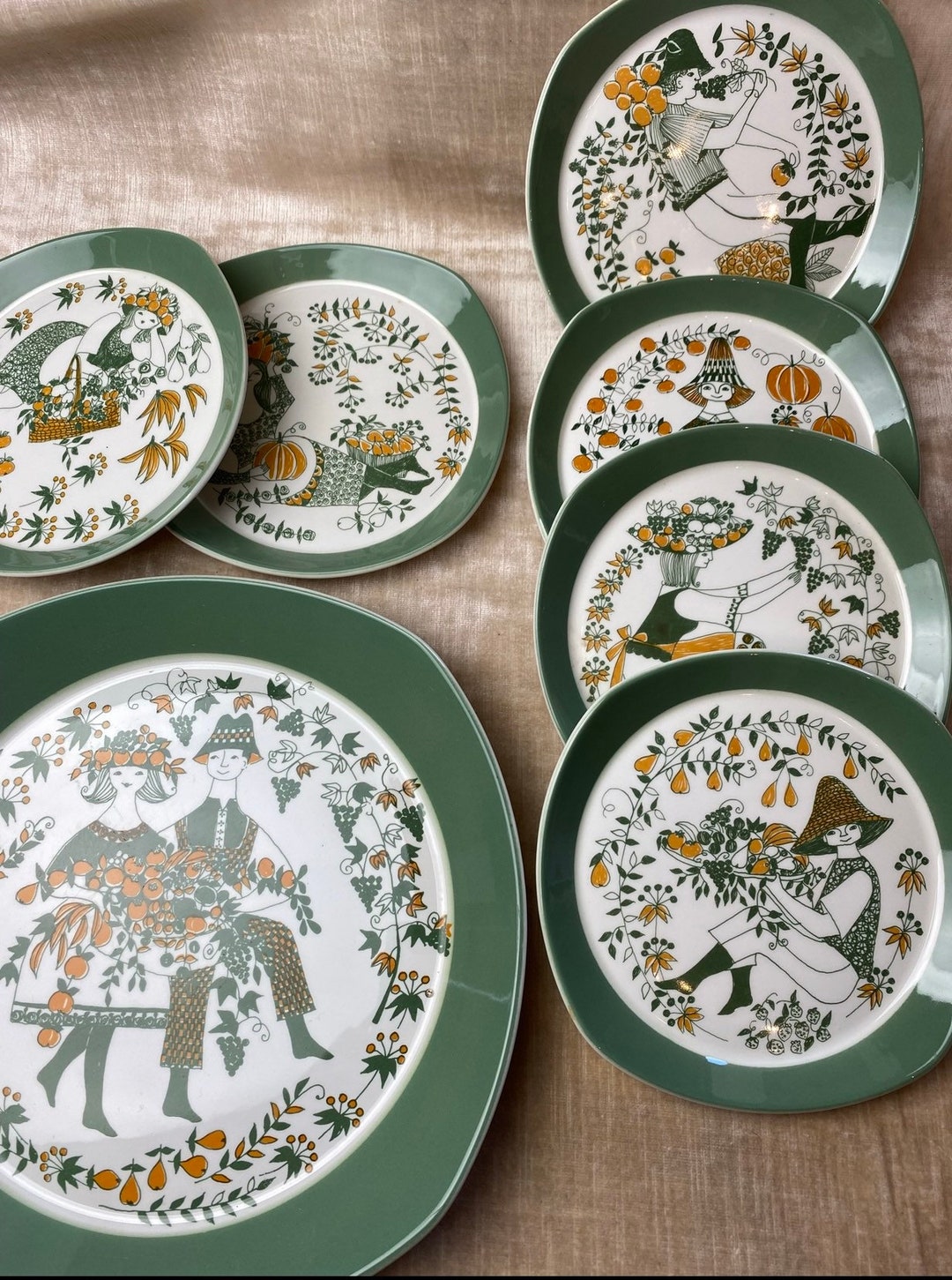 7 PC Figgjo Flint Sicila Norway Harvest Pattern Silkscreened Plates Set ...
