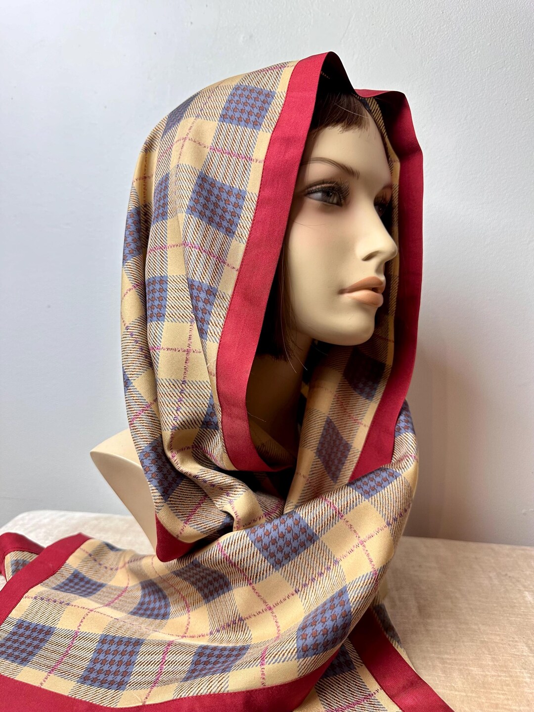 VTG All Silk Scarf~ Large Rectangular Plaid Houndstooth Print Extra ...