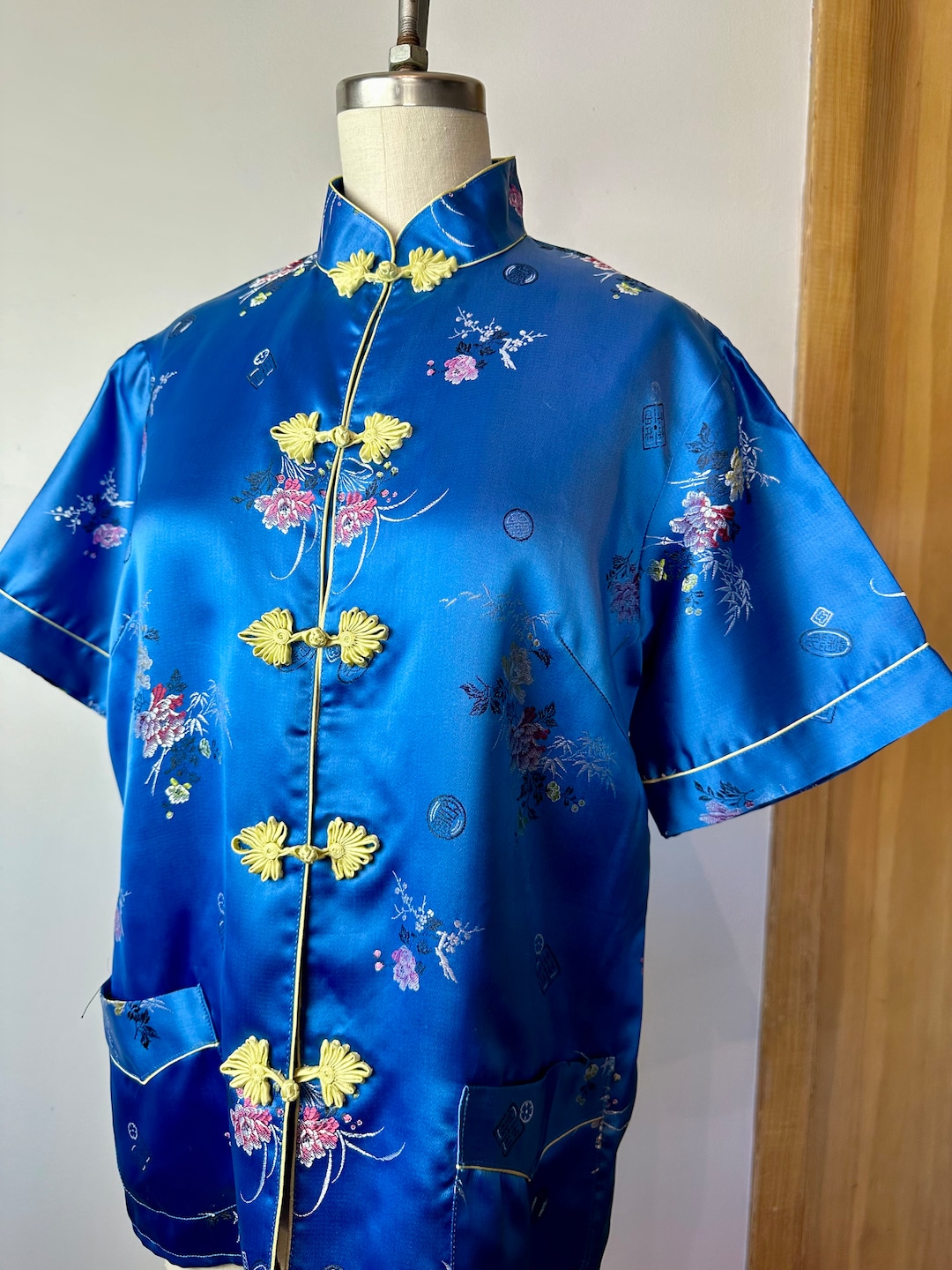 Vintage Cheongsam Top: Royal Blue Rayon Chinese Blouse, Floral Frog ...